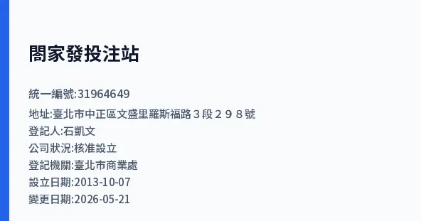 閤家發投注站的照片-統編 31964649(臺北市) 公司登記資料與營業項目詳細圖表