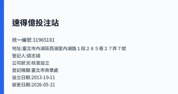 速得億投注站的照片-統編 31965181(臺北市) 公司登記資料與營業項目詳細圖表
