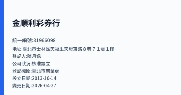 金順利彩券行的照片-統編 31966098(臺北市) 公司登記資料與營業項目詳細圖表