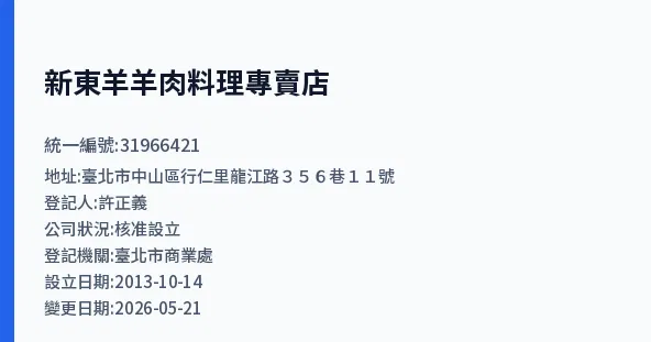 新東羊羊肉料理專賣店的照片-統編 31966421(臺北市) 公司登記資料與營業項目詳細圖表