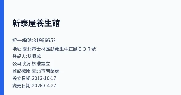 新泰屋養生館的照片-統編 31966652(臺北市) 公司登記資料與營業項目詳細圖表