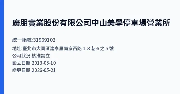廣朋實業股份有限公司中山美學停車場營業所的照片-統編 31969102(臺北市) 公司登記資料與營業項目詳細圖表