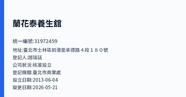 蘭花泰養生舘的照片-統編 31972459(臺北市) 公司登記資料與營業項目詳細圖表