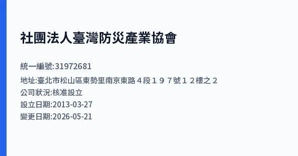 社團法人臺灣防災產業協會的照片-統編 31972681(臺北市) 公司登記資料與營業項目詳細圖表