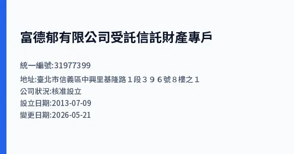 富德郁有限公司受託信託財產專戶的照片-統編 31977399(臺北市) 公司登記資料與營業項目詳細圖表