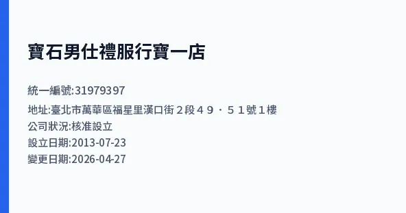 寶石男仕禮服行寶一店的照片-統編 31979397(臺北市) 公司登記資料與營業項目詳細圖表