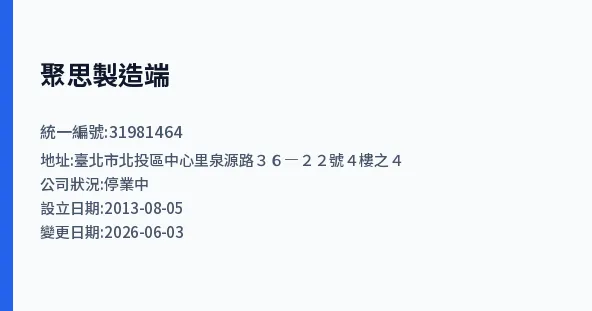 聚思製造端的照片-統編 31981464(臺北市) 公司登記資料與營業項目詳細圖表