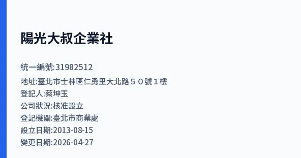 陽光大叔企業社的照片-統編 31982512(臺北市) 公司登記資料與營業項目詳細圖表