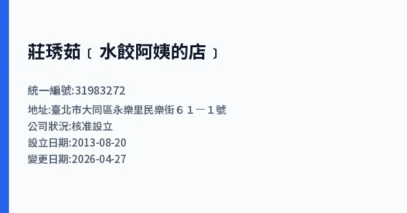 莊琇茹﹝水餃阿姨的店﹞的照片-統編 31983272(臺北市) 公司登記資料與營業項目詳細圖表