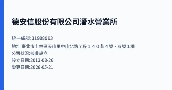 德安信股份有限公司潛水營業所的照片-統編 31988993(臺北市) 公司登記資料與營業項目詳細圖表
