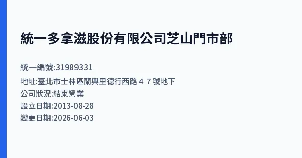統一多拿滋股份有限公司芝山門市部的照片-統編 31989331(臺北市) 公司登記資料與營業項目詳細圖表