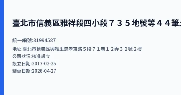臺北市信義區雅祥段四小段735地號等44筆土地都市更新會的照片-統編 31994587(臺北市) 公司登記資料與營業項目詳細圖表