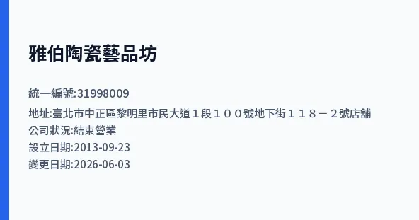 雅伯陶瓷藝品坊的照片-統編 31998009(臺北市) 公司登記資料與營業項目詳細圖表