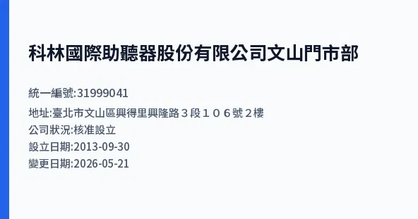 科林國際助聽器股份有限公司文山門市部的照片-統編 31999041(臺北市) 公司登記資料與營業項目詳細圖表