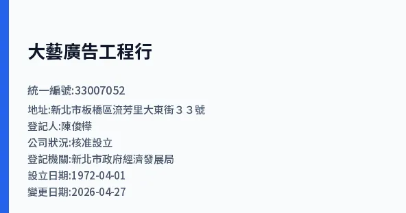 大藝廣告工程行的照片-統編 33007052(新北市) 公司登記資料與營業項目詳細圖表