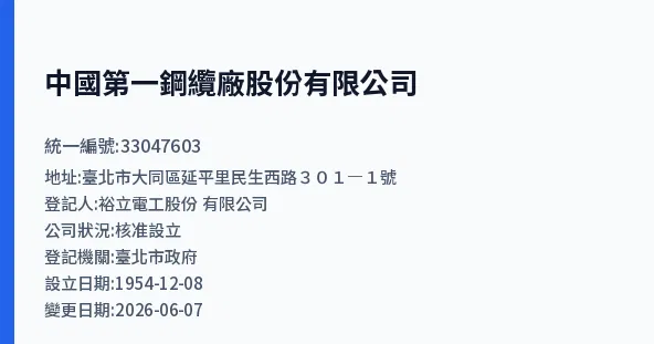 中國第一鋼纜廠股份有限公司的照片-統編 33047603(臺北市) 公司登記資料與營業項目詳細圖表