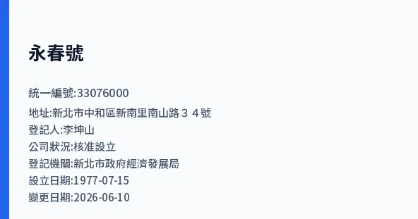 永春號的照片-統編 33076000(新北市) 公司登記資料與營業項目詳細圖表