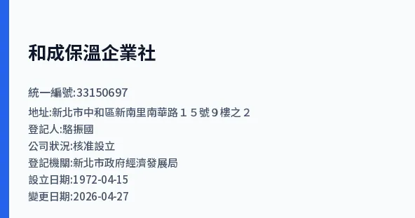 和成保溫企業社的照片-統編 33150697(新北市) 公司登記資料與營業項目詳細圖表