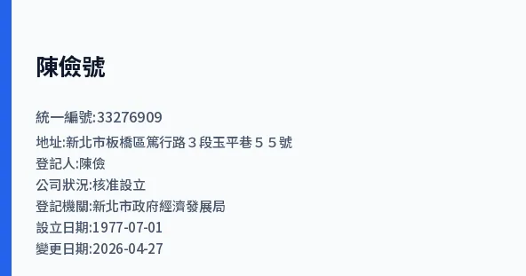 陳儉號的照片-統編 33276909(新北市) 公司登記資料與營業項目詳細圖表