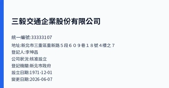 三毅交通企業股份有限公司的照片-統編 33333107(新北市) 公司登記資料與營業項目詳細圖表