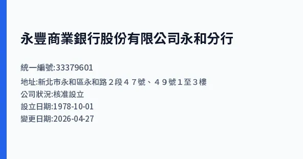 永豐商業銀行股份有限公司永和分行的照片-統編 33379601(新北市) 公司登記資料與營業項目詳細圖表