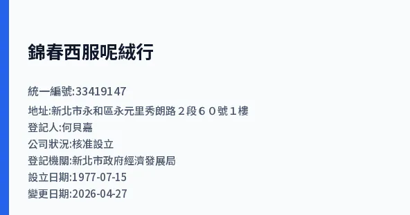 錦春西服呢絨行的照片-統編 33419147(新北市) 公司登記資料與營業項目詳細圖表