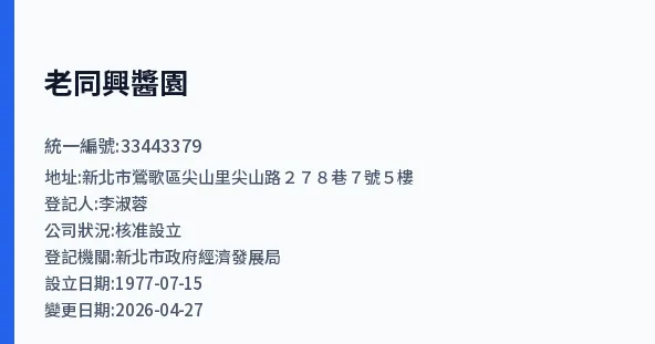 老同興醬園的照片-統編 33443379(新北市) 公司登記資料與營業項目詳細圖表