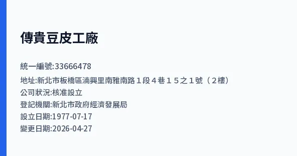 傳貴豆皮工廠的照片-統編 33666478(新北市) 公司登記資料與營業項目詳細圖表
