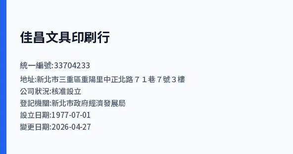 佳昌文具印刷行的照片-統編 33704233(新北市) 公司登記資料與營業項目詳細圖表