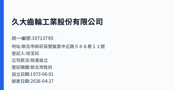 久大齒輪工業股份有限公司的照片-統編 33713795(新北市) 公司登記資料與營業項目詳細圖表