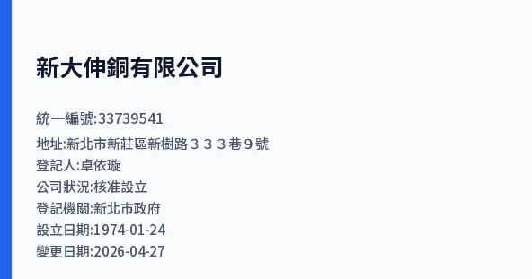 新大伸銅有限公司的照片-統編 33739541(新北市) 公司登記資料與營業項目詳細圖表
