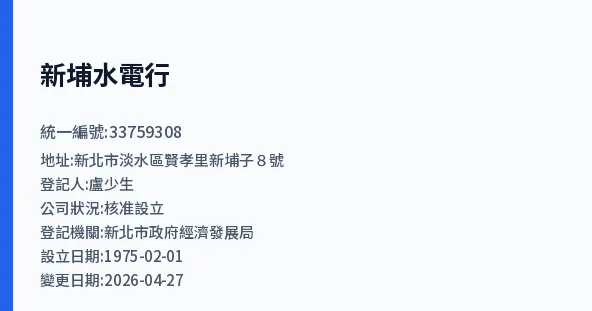 新埔水電行的照片-統編 33759308(新北市) 公司登記資料與營業項目詳細圖表