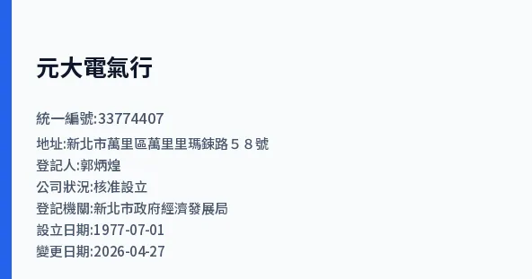 元大電氣行的照片-統編 33774407(新北市) 公司登記資料與營業項目詳細圖表