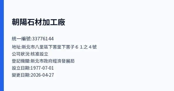 朝陽石材加工廠的照片-統編 33776144(新北市) 公司登記資料與營業項目詳細圖表