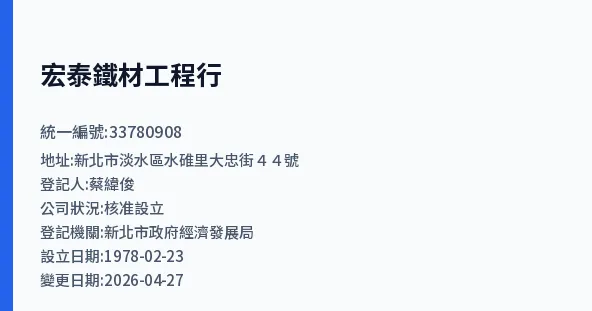 宏泰鐵材工程行的照片-統編 33780908(新北市) 公司登記資料與營業項目詳細圖表