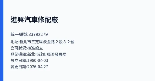 進興汽車修配廠的照片-統編 33792279(新北市) 公司登記資料與營業項目詳細圖表
