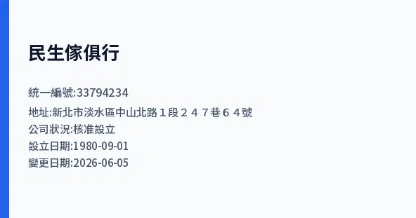民生傢俱行的照片-統編 33794234(新北市) 公司登記資料與營業項目詳細圖表