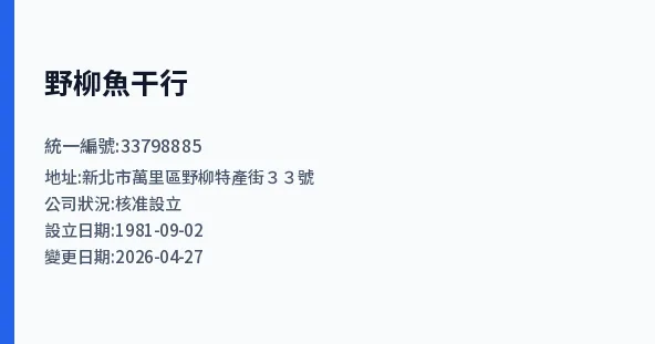 野柳魚干行的照片-統編 33798885(新北市) 公司登記資料與營業項目詳細圖表