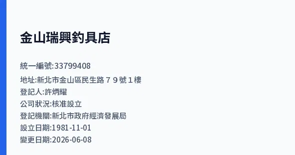 金山瑞興釣具店的照片-統編 33799408(新北市) 公司登記資料與營業項目詳細圖表