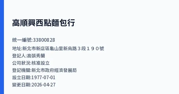高順興西點麵包行的照片-統編 33800828(新北市) 公司登記資料與營業項目詳細圖表