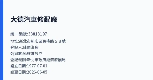 大德汽車修配廠的照片-統編 33813197(新北市) 公司登記資料與營業項目詳細圖表