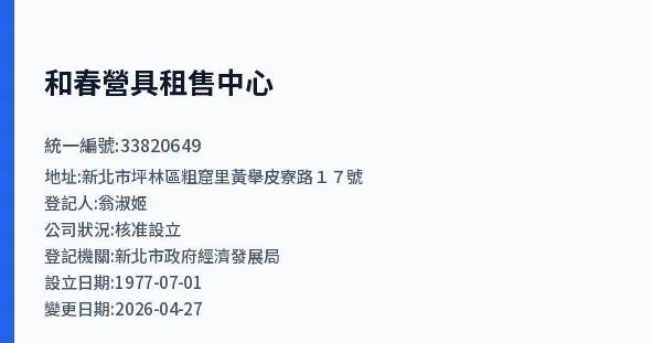 和春營具租售中心的照片-統編 33820649(新北市) 公司登記資料與營業項目詳細圖表