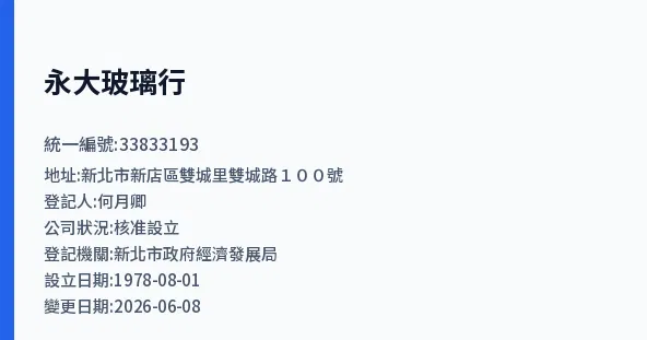 永大玻璃行的照片-統編 33833193(新北市) 公司登記資料與營業項目詳細圖表