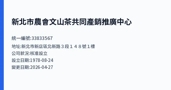 新北市農會文山茶共同產銷推廣中心的照片-統編 33833567(新北市) 公司登記資料與營業項目詳細圖表