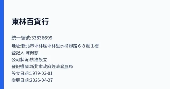 東林百貨行的照片-統編 33836699(新北市) 公司登記資料與營業項目詳細圖表