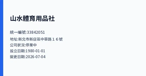 山水體育用品社的照片-統編 33842051(新北市) 公司登記資料與營業項目詳細圖表