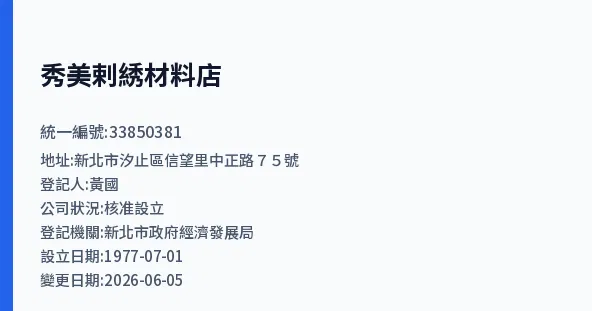 秀美剌綉材料店的照片-統編 33850381(新北市) 公司登記資料與營業項目詳細圖表