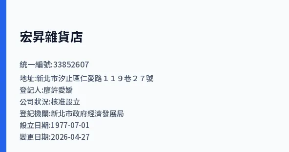 宏昇雜貨店的照片-統編 33852607(新北市) 公司登記資料與營業項目詳細圖表