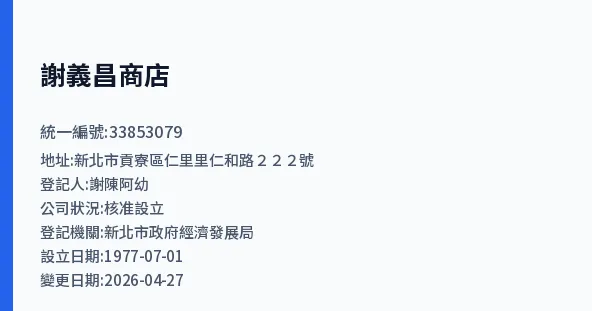 謝義昌商店的照片-統編 33853079(新北市) 公司登記資料與營業項目詳細圖表
