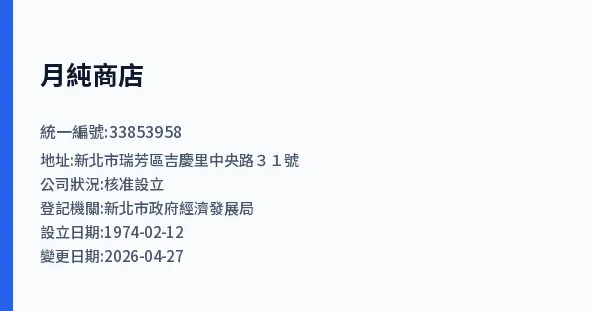 月純商店的照片-統編 33853958(新北市) 公司登記資料與營業項目詳細圖表